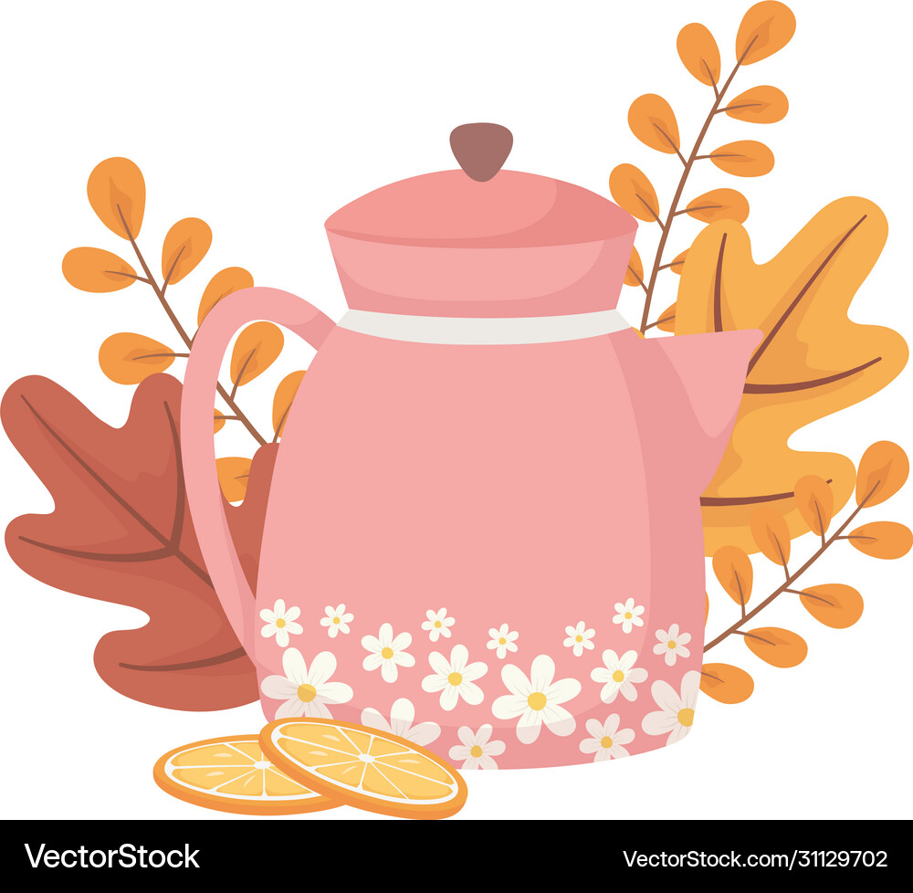 Tea time pot and slices orange beverage Royalty Free Vector