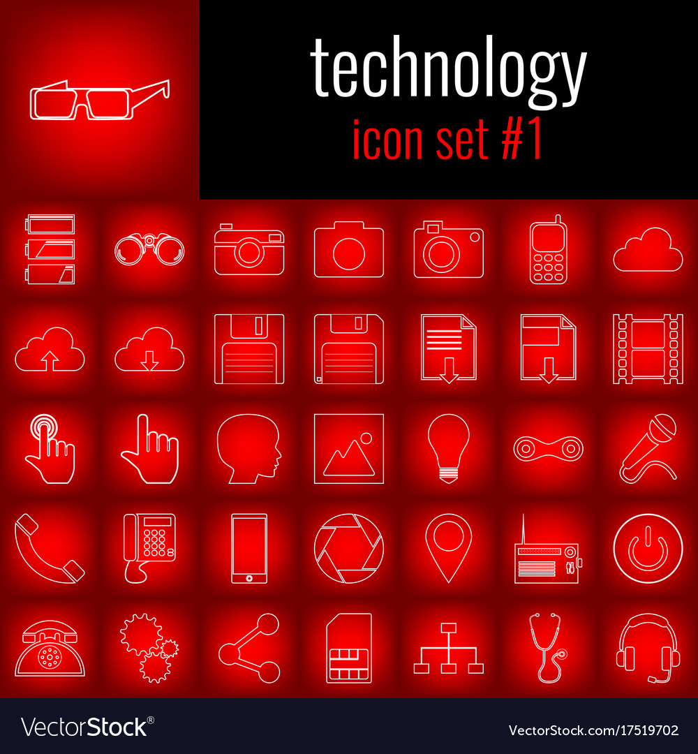 Technology icon set 1 white line on red Royalty Free Vector