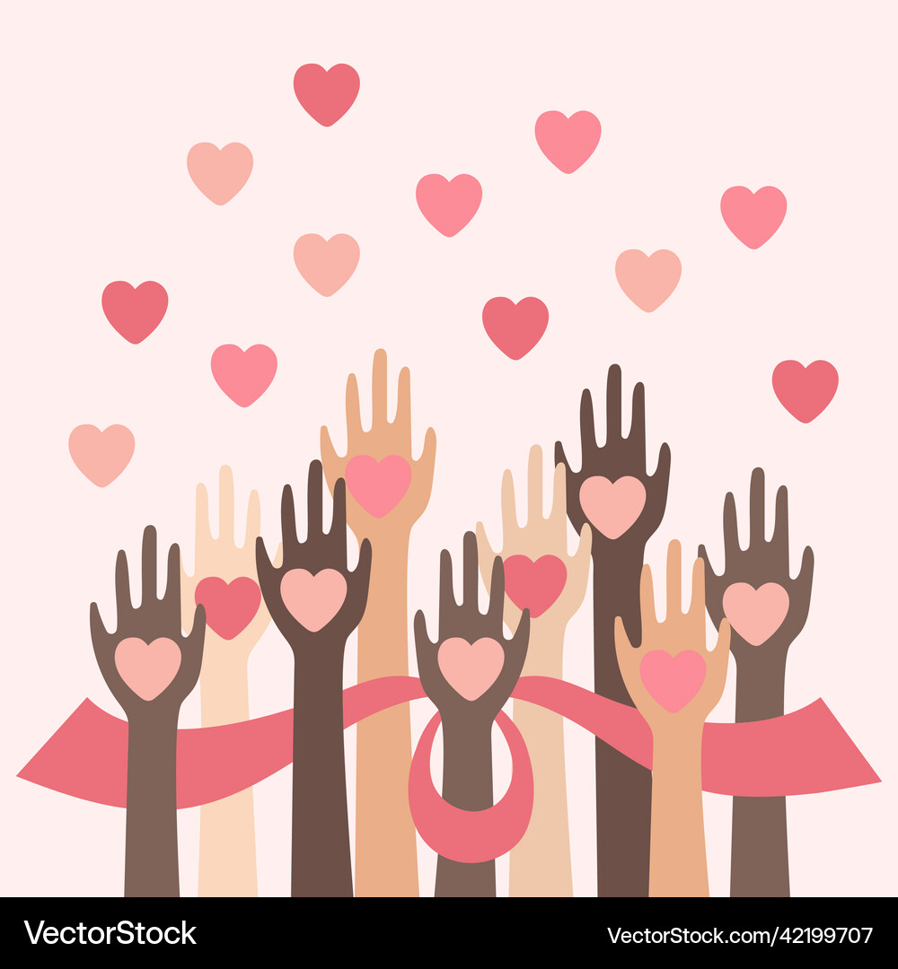 Multicultural hands in the air with hearts Vector Image