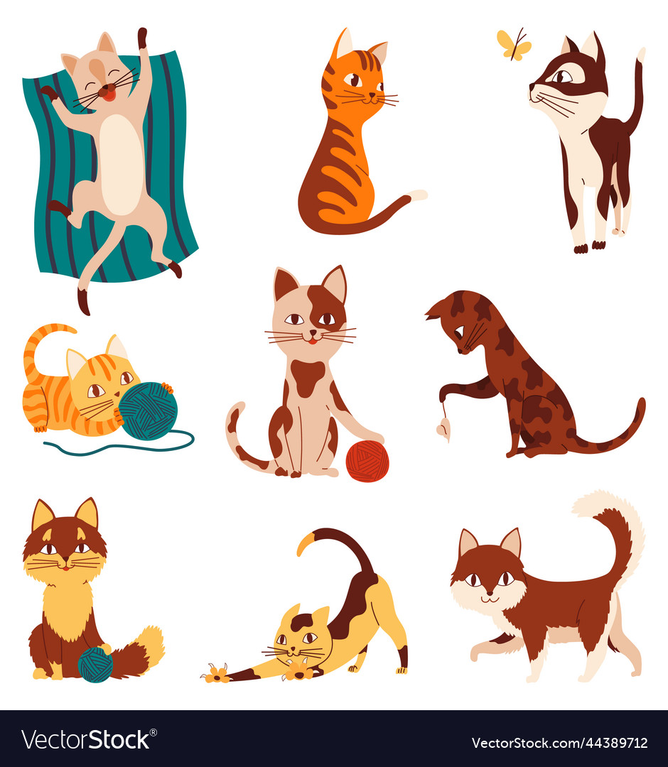 Doodle cats cute and funny pets set Royalty Free Vector