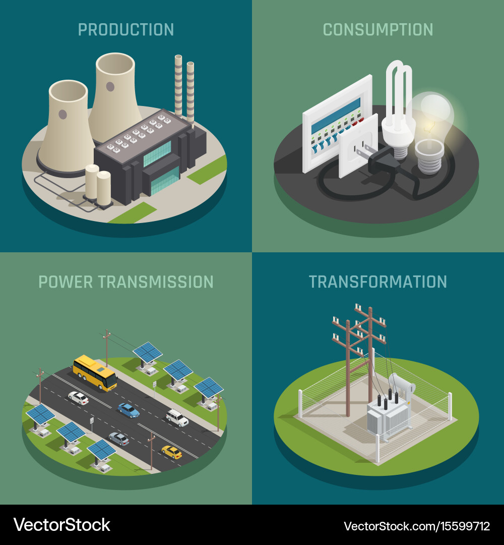 Electric power 4 isometric icons Royalty Free Vector Image