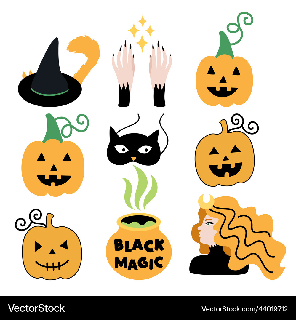 Halloween sticker pack with witch cat and pumpkin Vector Image