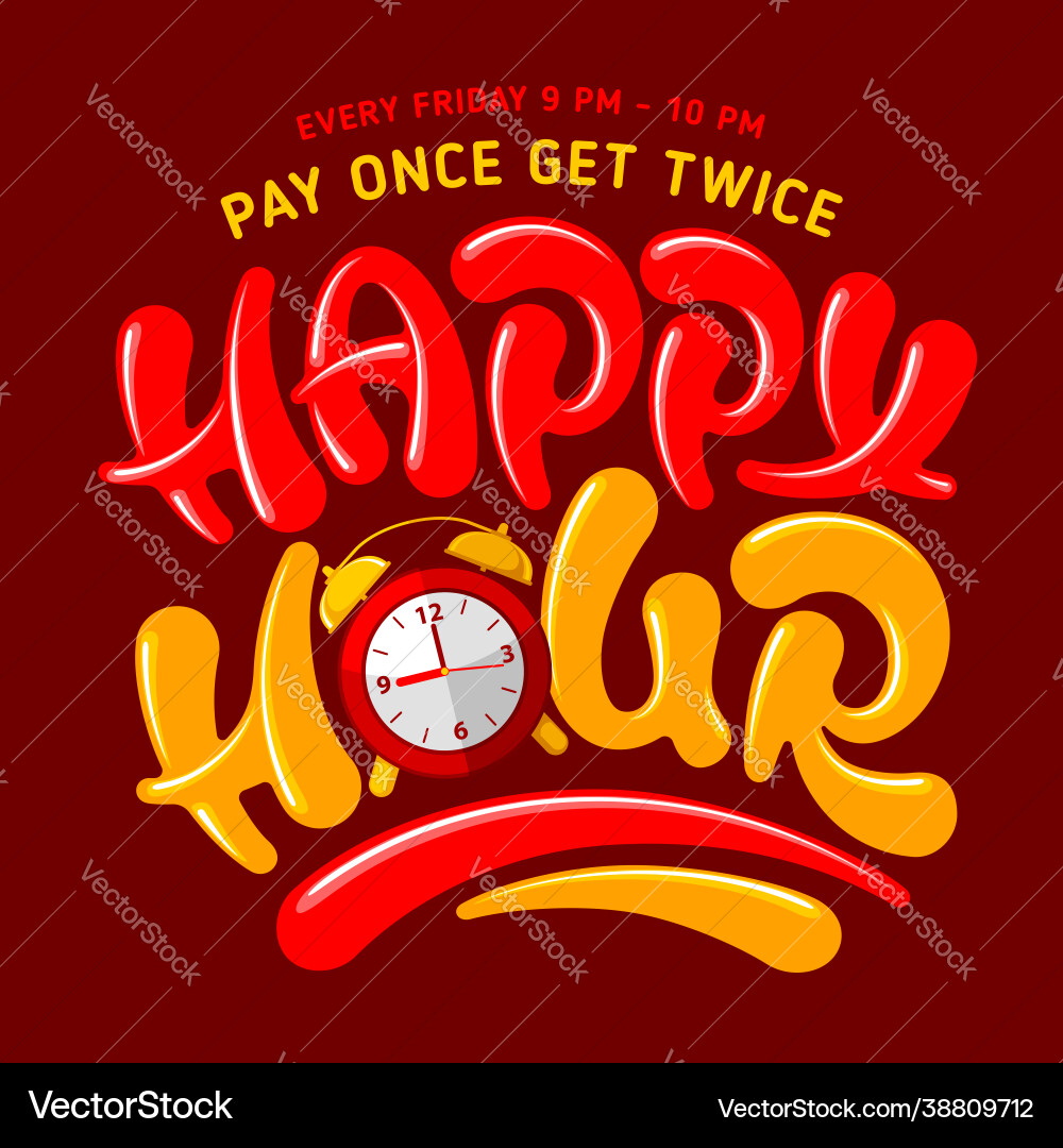 Happy hour lettering with alarm clock Royalty Free Vector