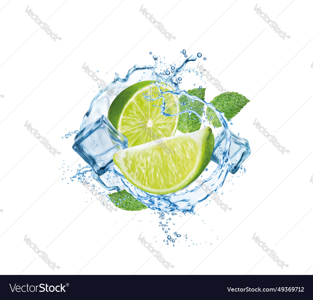 Realistic mojito drink splash with lime ice cubes Vector Image
