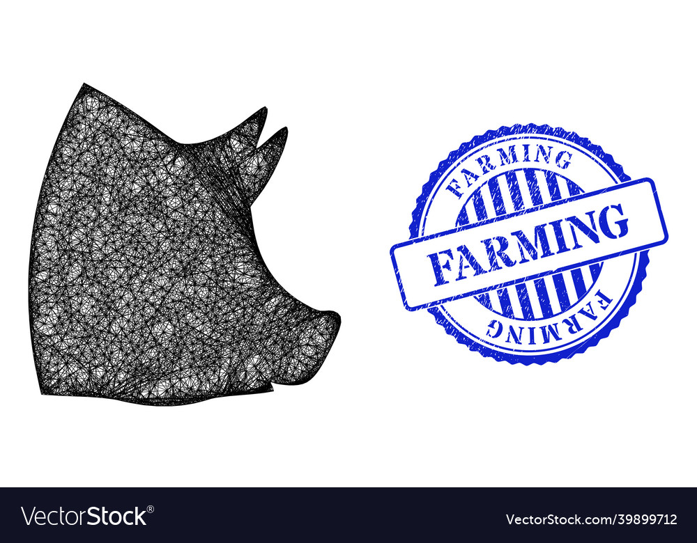 Textured farming badge and hatched pork head mesh Vector Image Textured farming badge and hatched pork head mesh Vector Image