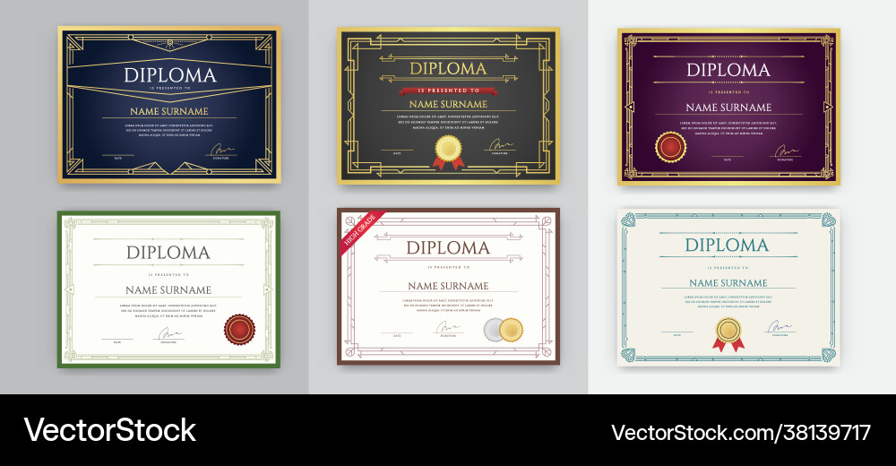 Big set 9 diploma or certificate design Royalty Free Vector