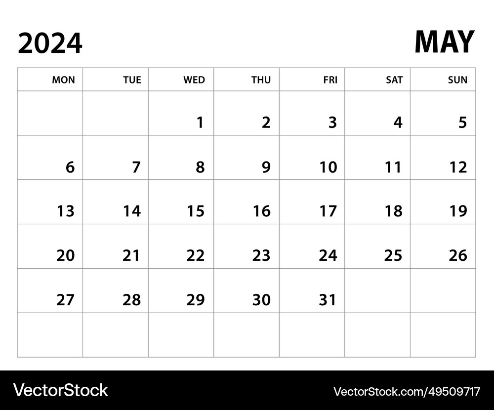 Calendar 2024 template - may on white Royalty Free Vector