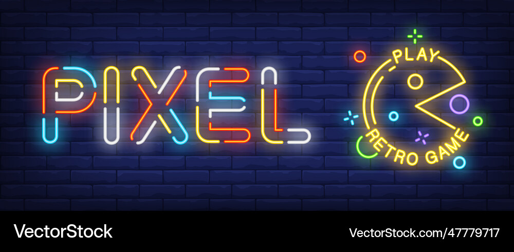 Pixel play retro game neon text and character Vector Image