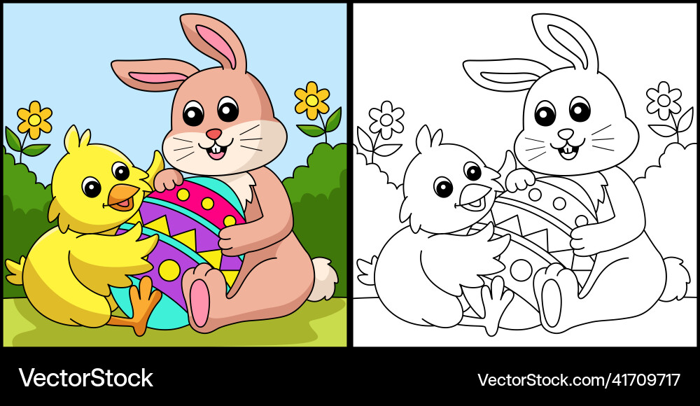 Rabbit and chick hugging easter egg Royalty Free Vector