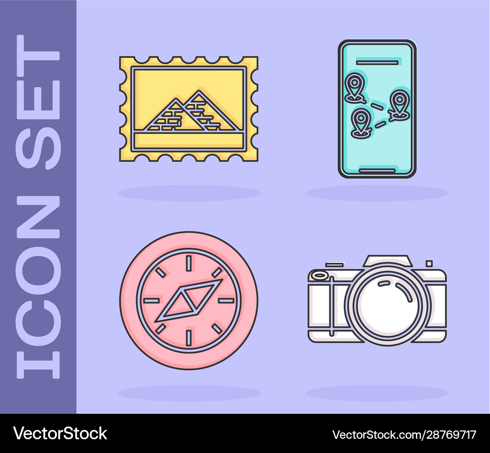 Set photo camera postal stamp and egypt pyramids Vector Image