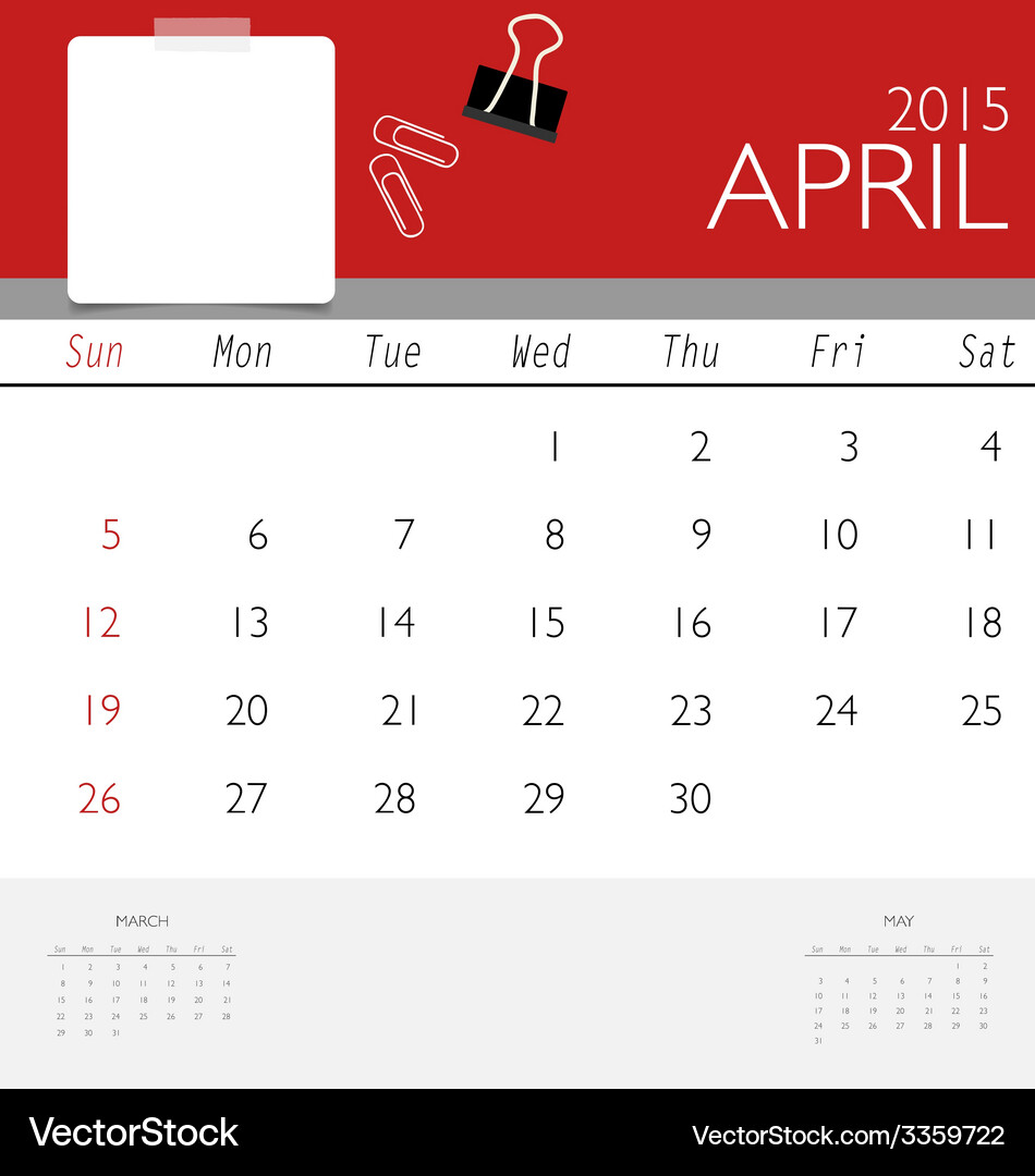2015 calendar monthly template for april Vector Image