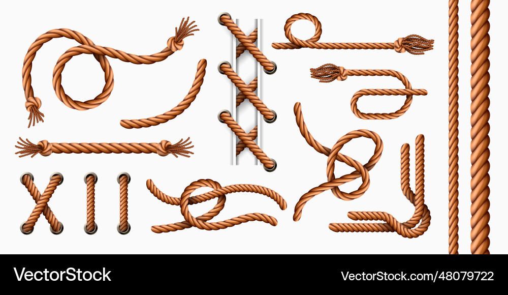 Realistic rope elements curved sailor jute ropes Vector Image