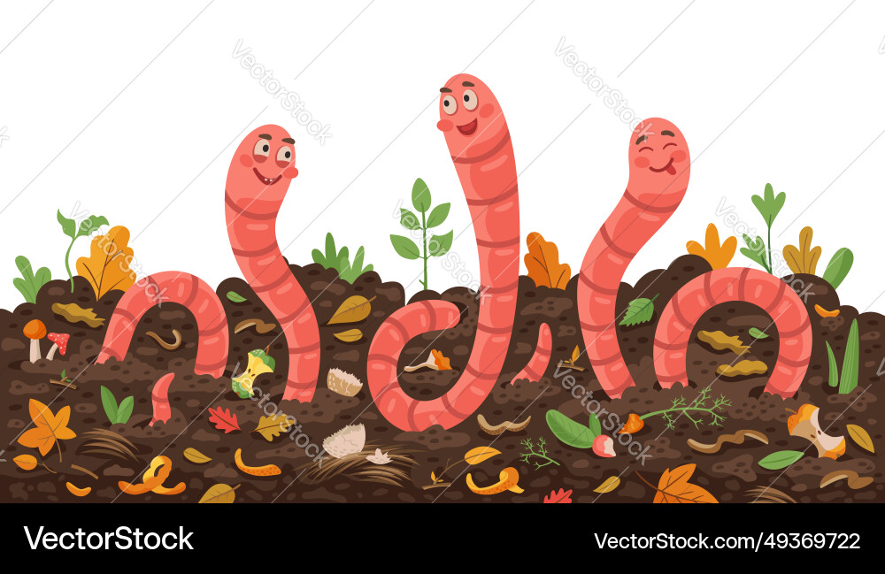 Three cartoon earth worms in compost soil ground Vector Image