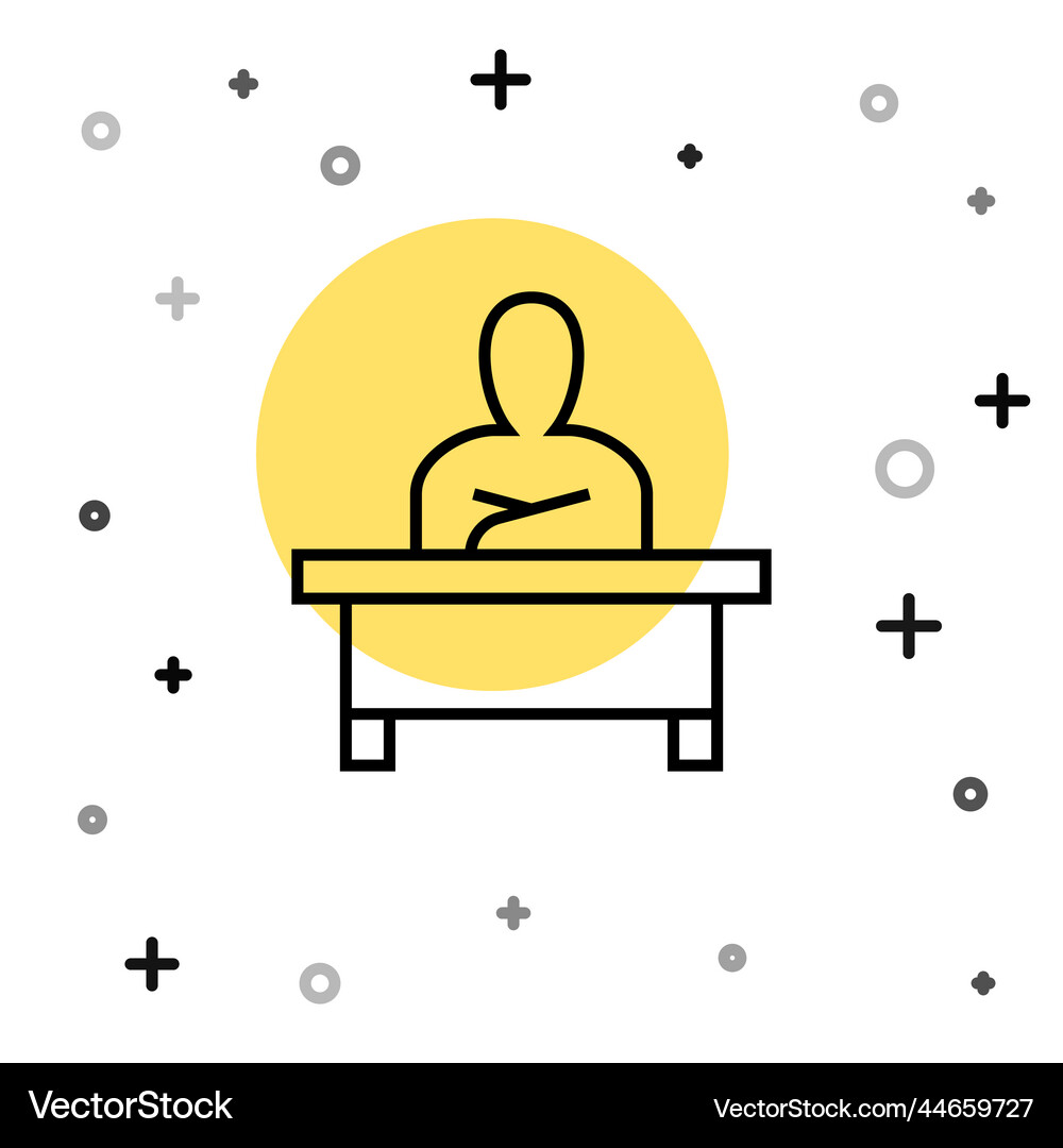 Black line schoolboy sitting at desk icon isolated