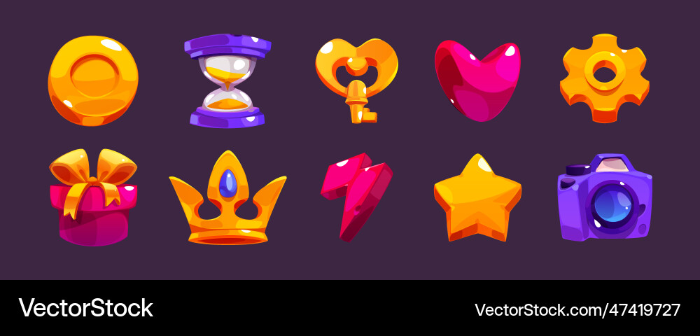 Cartoon game interface icon with crown and key ui Vector Image