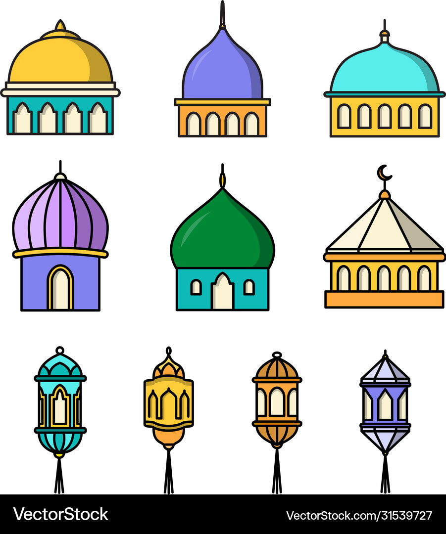 Collection mosque designs and lanterns Royalty Free Vector