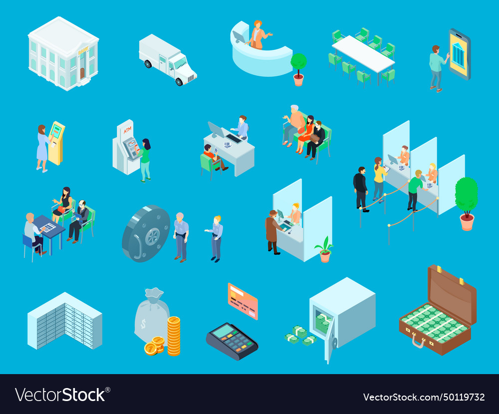 Bank isometric icons set Royalty Free Vector Image