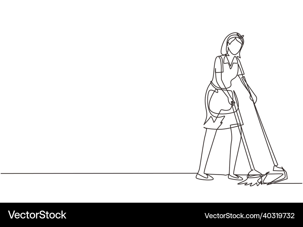 Continuous one line drawing housekeeping girl Vector Image