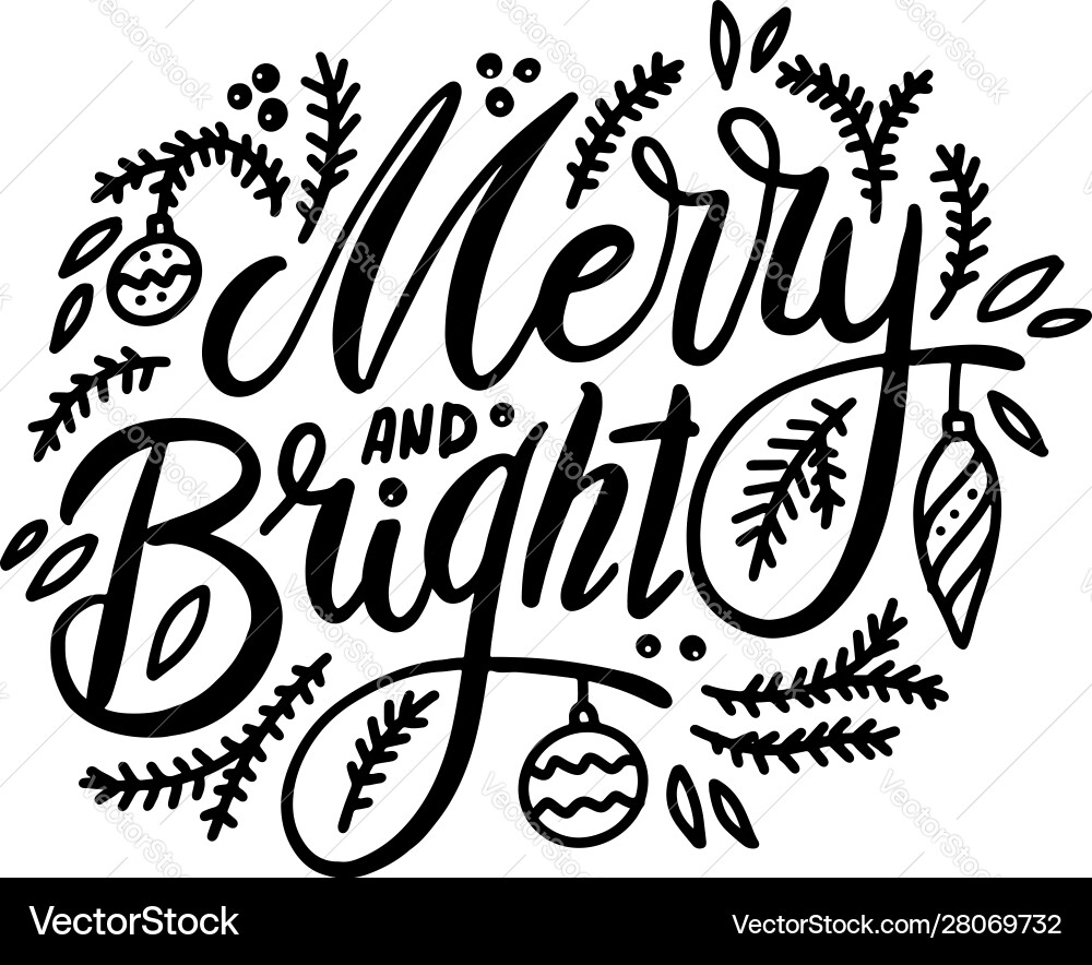 Merry and bright handwritten lettering Royalty Free Vector