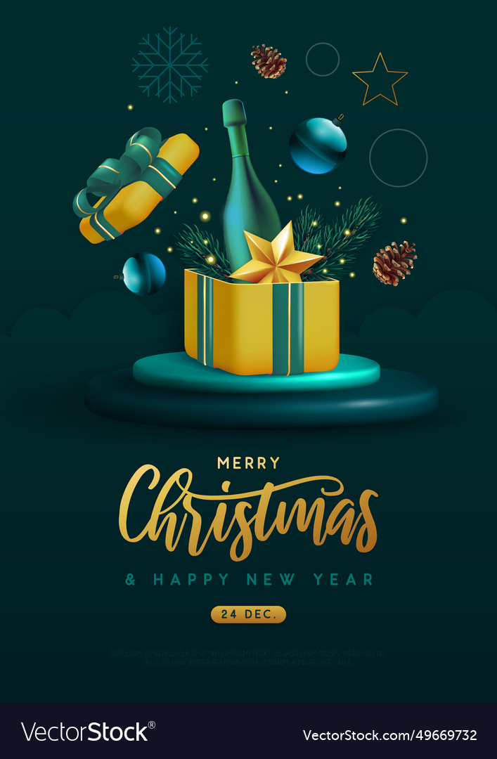 Merry christmas holiday poster with 3d champagne Vector Image