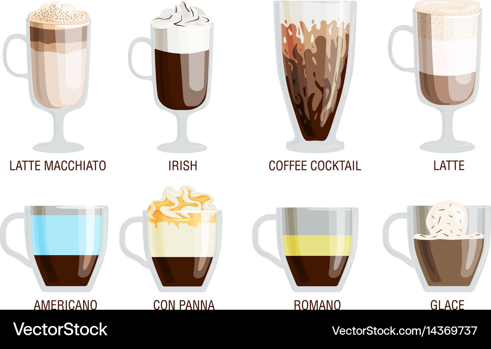 Set of different transparent cups coffee types Vector Image