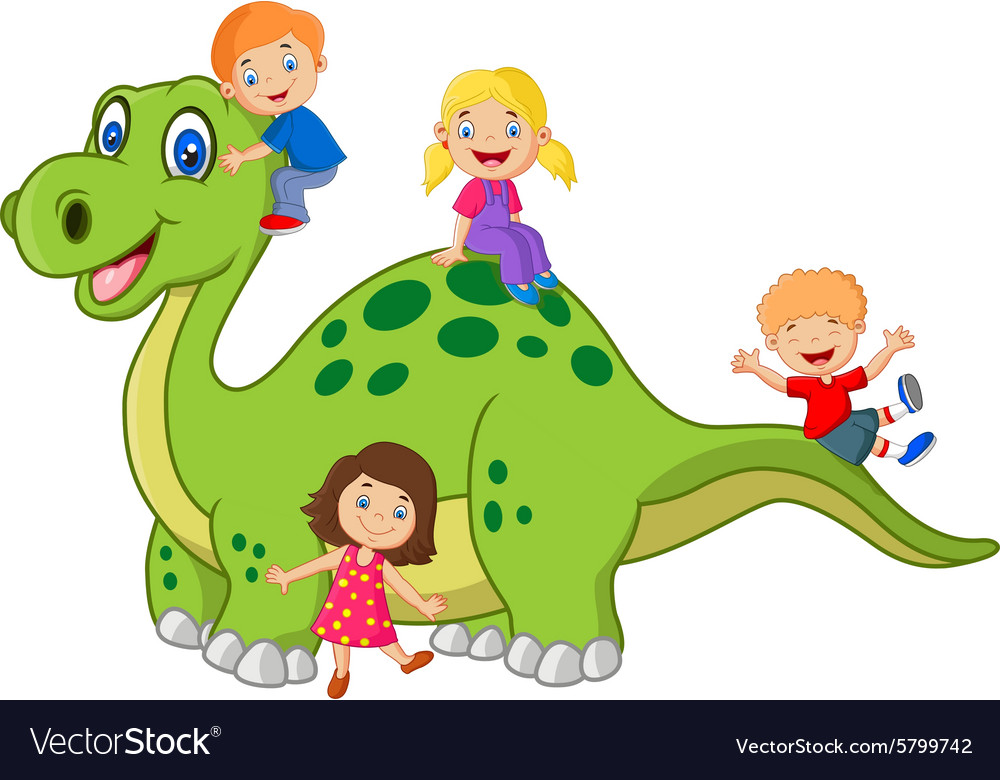 Cartoon little kid playing on dinosaur Royalty Free Vector Cartoon little kid playing on dinosaur Royalty Free Vector