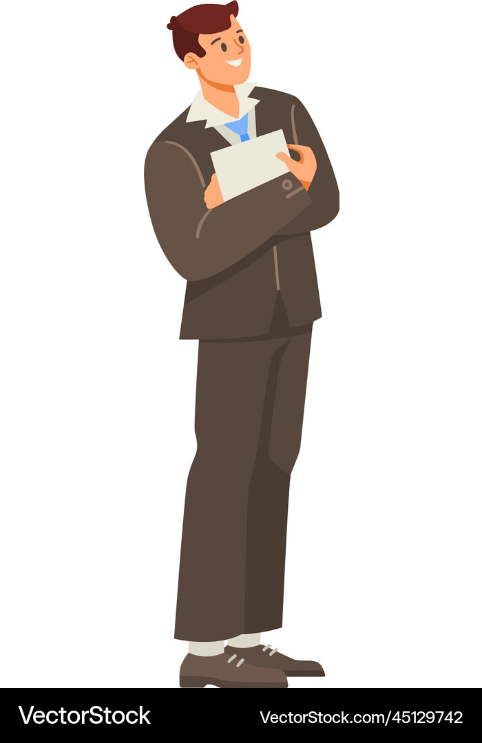 Cheerful man office worker standing with paper Vector Image