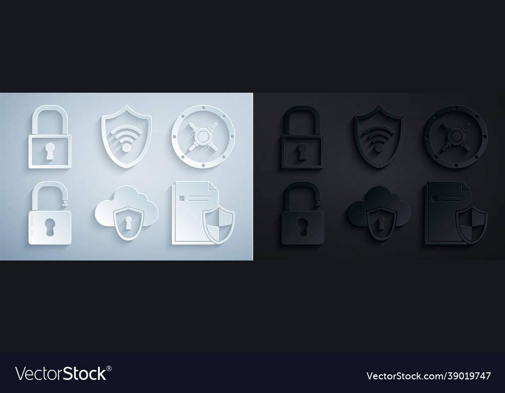 Set cloud and shield safe open padlock document Vector Image