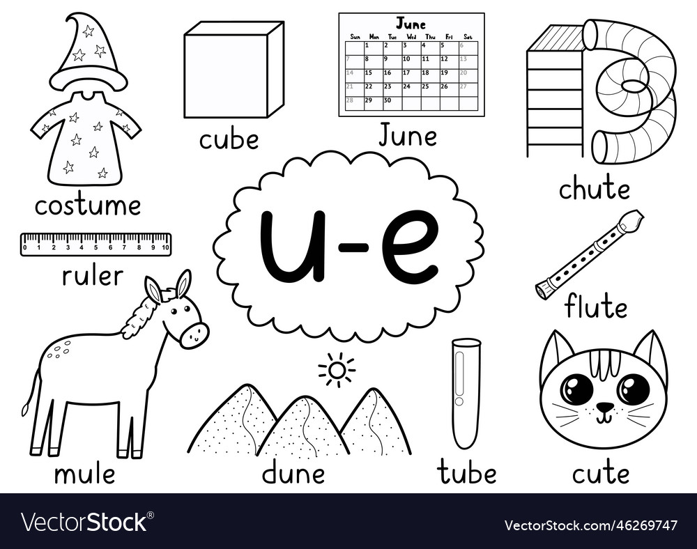 U-e digraph spelling rule black and white Vector Image