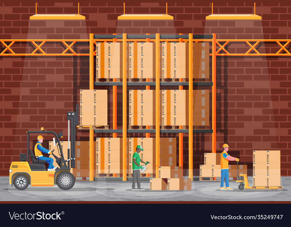 Warehouse shelves with boxes and mover Royalty Free Vector