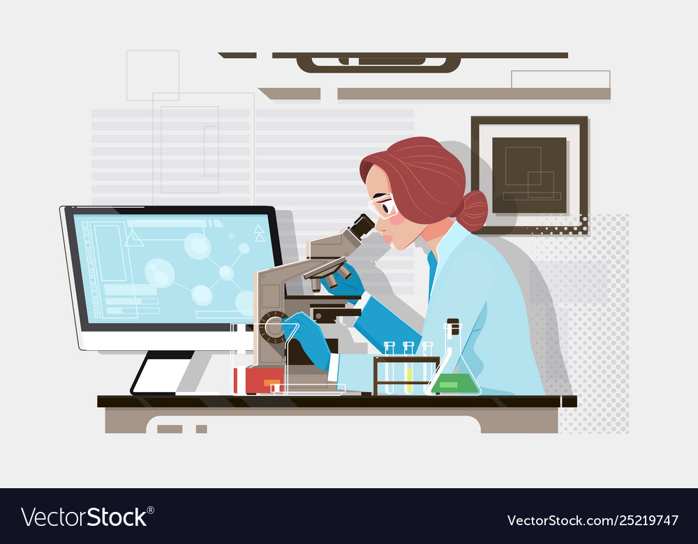 Young scientist looking through a microscope Vector Image