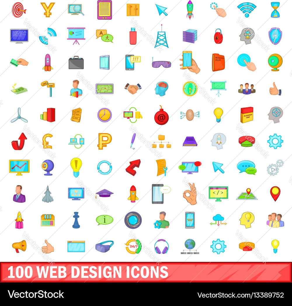 100 web design icons set cartoon style Royalty Free Vector