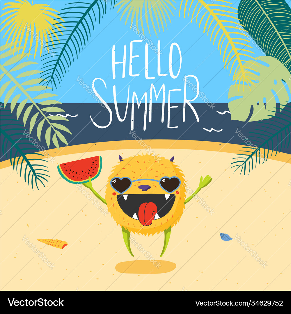 Cute happy monster in summer Royalty Free Vector Image