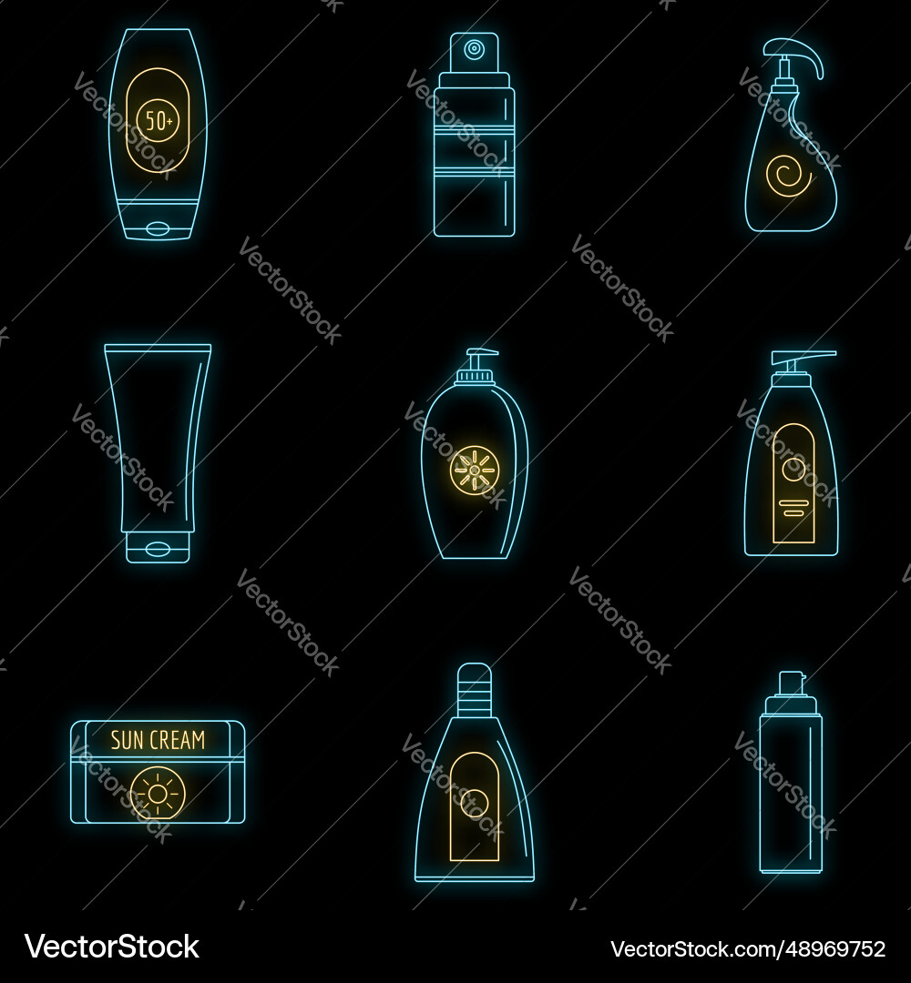 Sunscreen sun protect icons set neon Royalty Free Vector