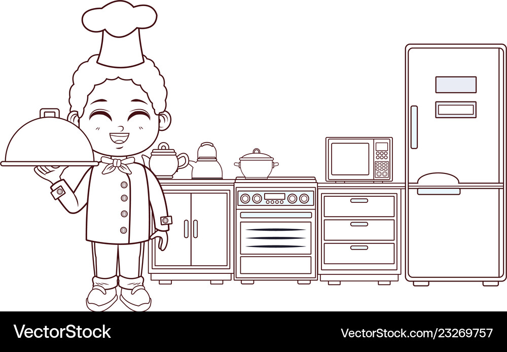 Chef boy cartoon brown lines Royalty Free Vector Image