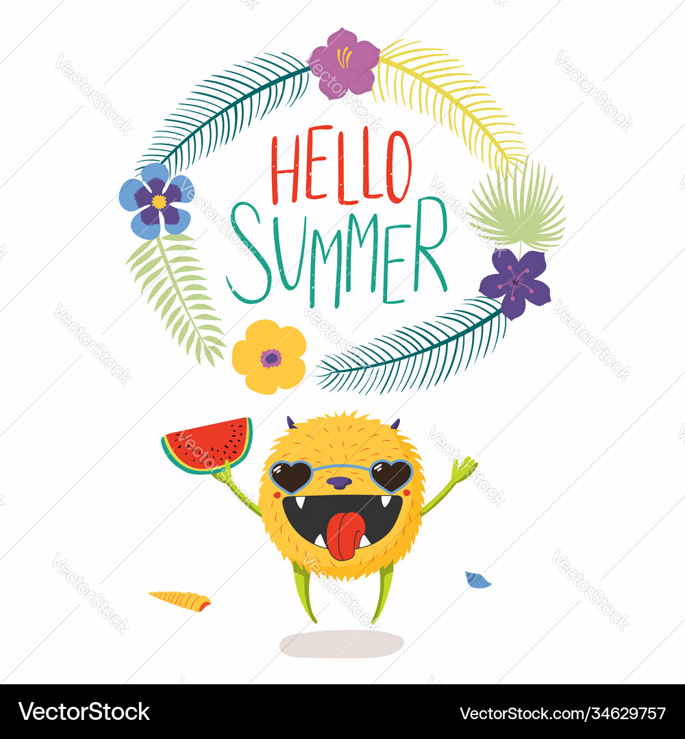 Cute happy monster in summer Royalty Free Vector Image