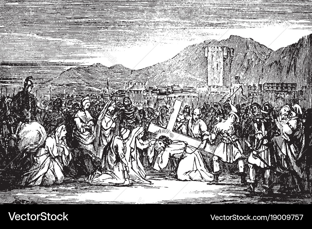 Jesus falls while carrying his cross vintage Vector Image