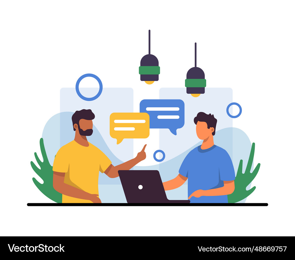Males standing near table working in office Vector Image