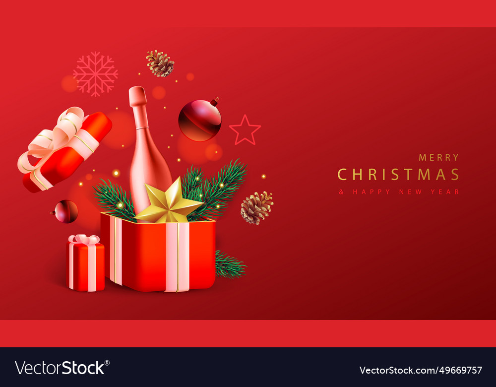 Merry christmas holiday poster with 3d champagne Vector Image