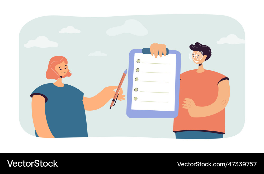 Tiny person with questionnaire offering to fill Vector Image