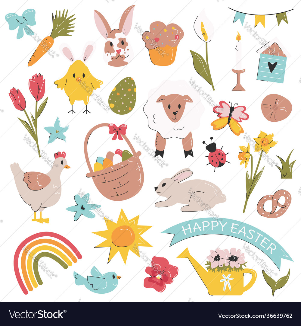 Cute easter design elements set isolated on white Vector Image