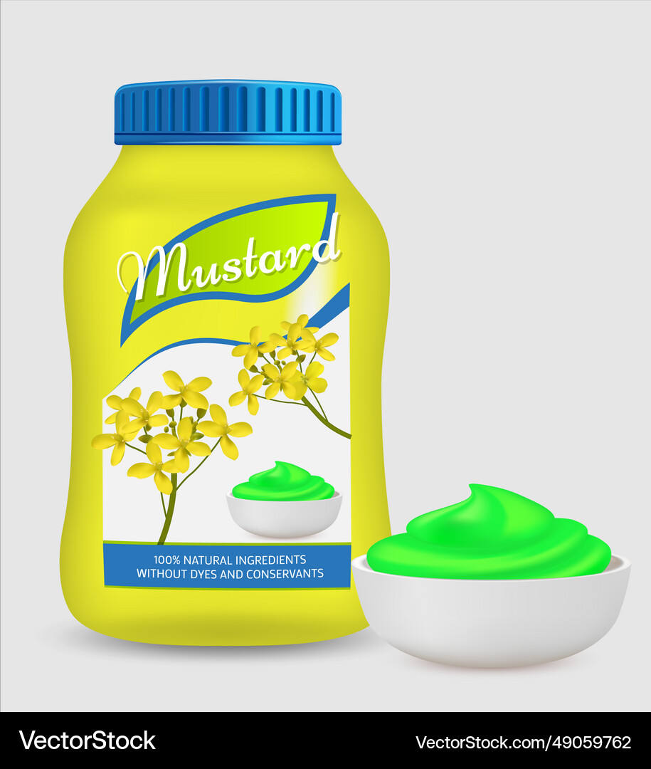 Mustard sauce plastic package and bowl plate Vector Image
