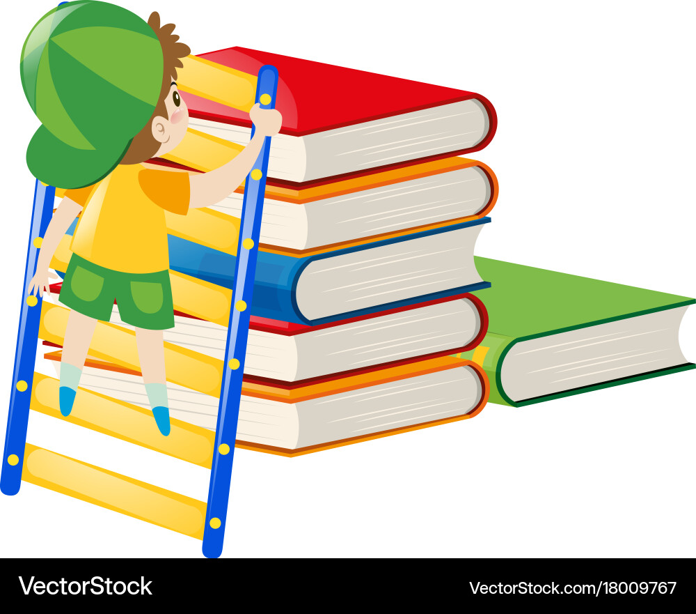 Boy climbing up the stack of books Royalty Free Vector Image