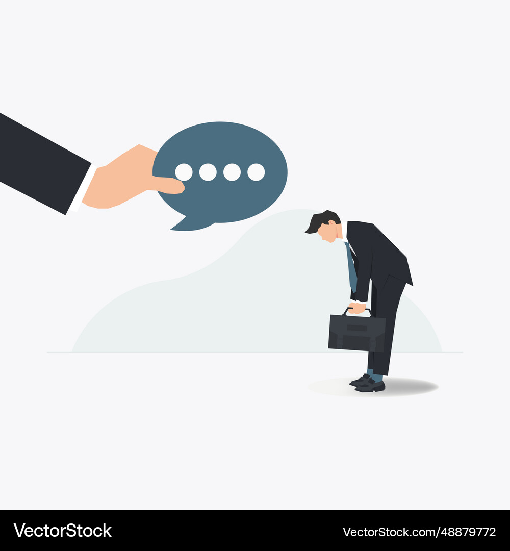 Businessman look down with hand holding speech Vector Image