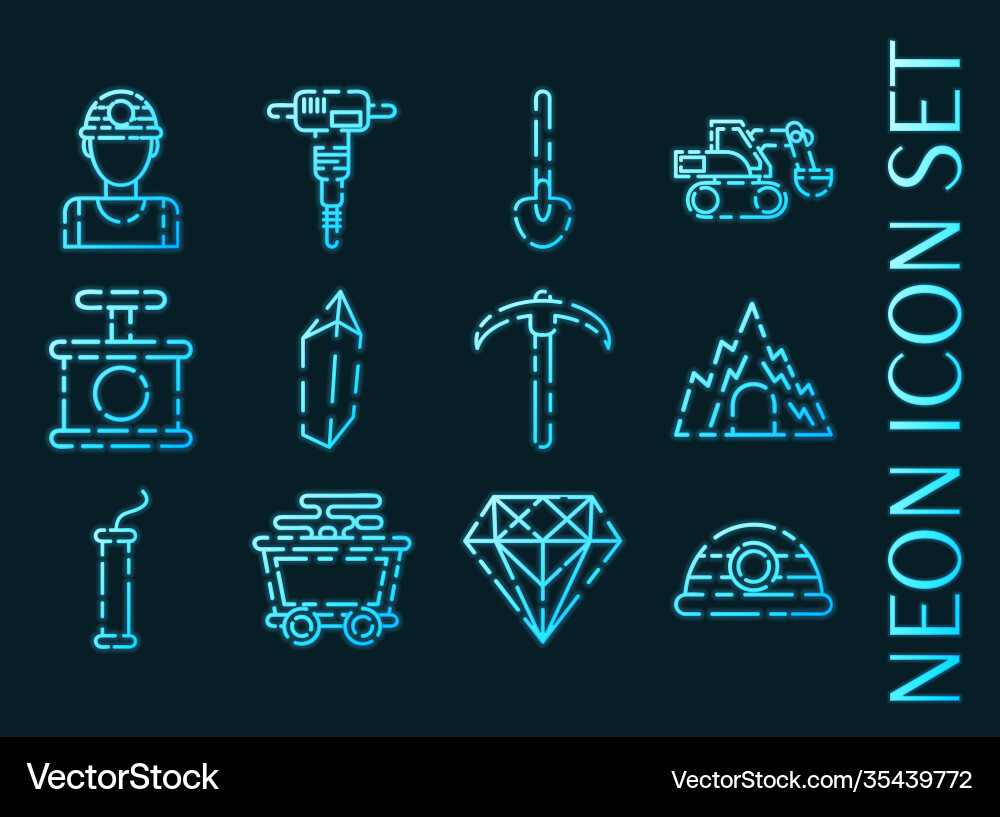 Mining set icons blue glowing neon style Vector Image