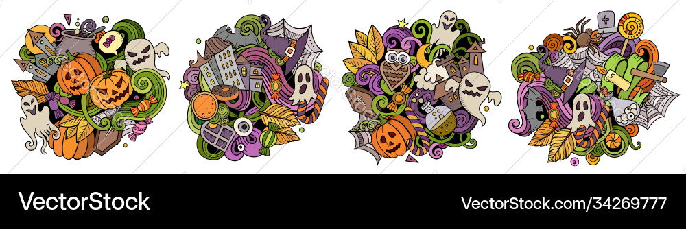 Halloween cartoon doodle designs set Royalty Free Vector