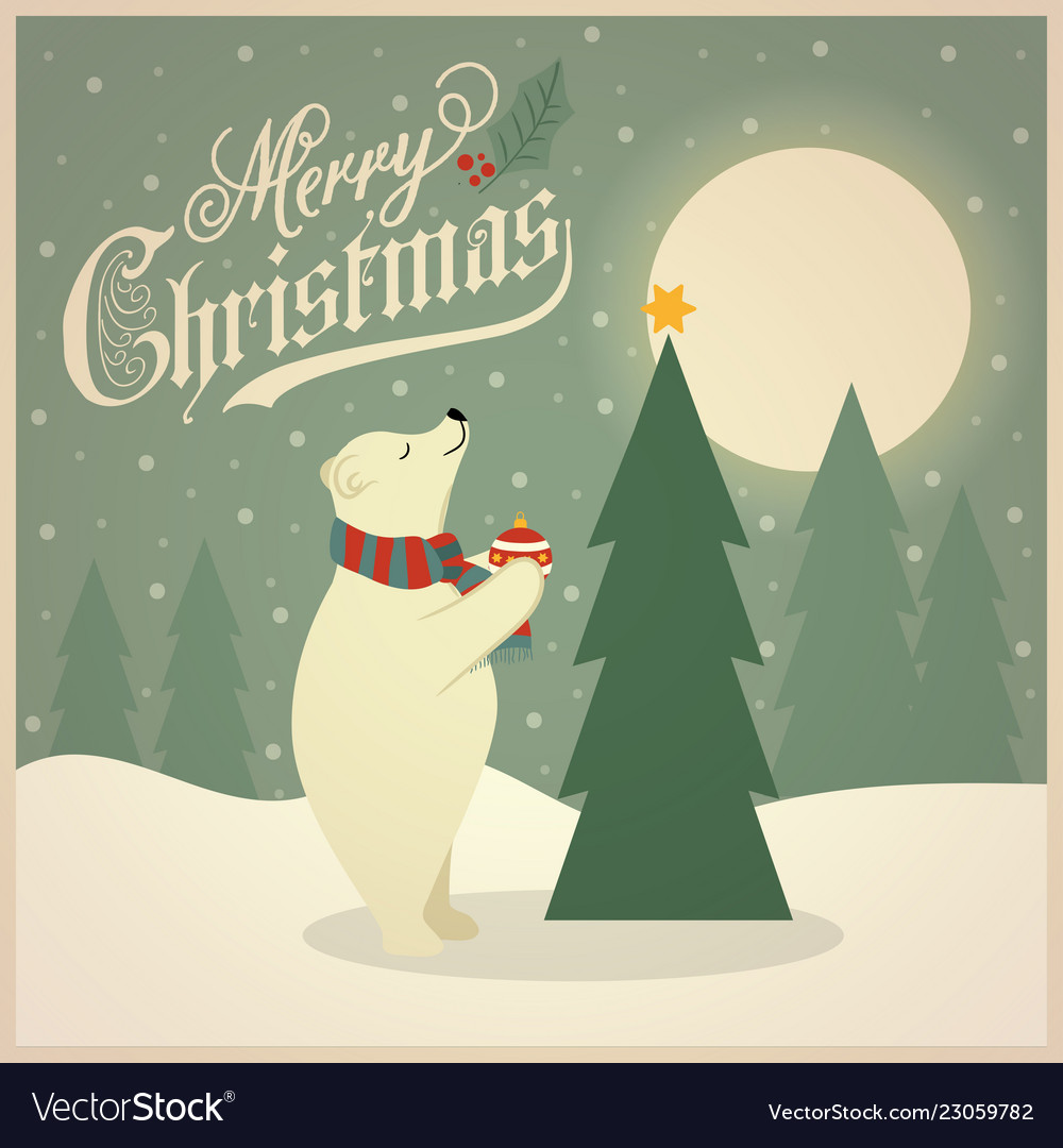 Beautiful Retro Christmas Card With Polar Bear Vector Image