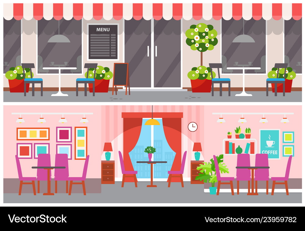 Cafe interior and exterior tables chairs Vector Image