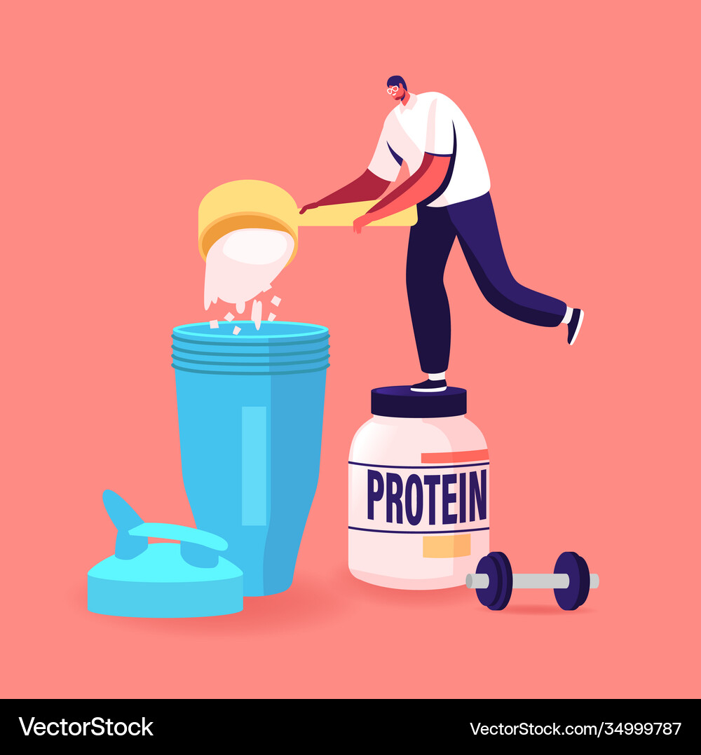 Tiny male character pour protein powder for making