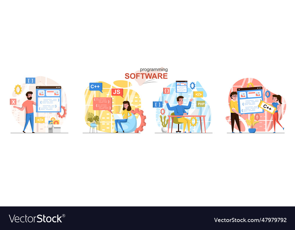 Programming software concept scenes set Royalty Free Vector Programming software concept scenes set Royalty Free Vector